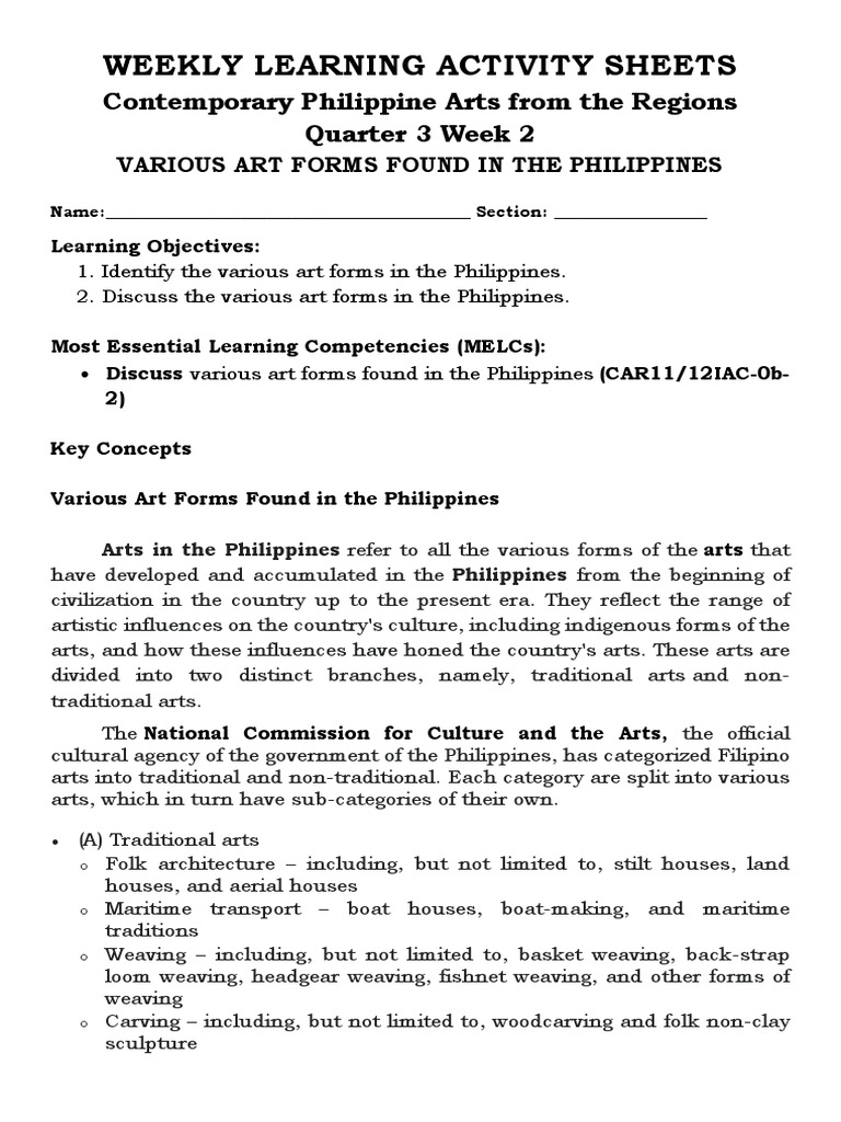 Weekly Learning Activity Sheets: Contemporary Philippine Arts From The Regions Quarter 3 Week 2 ...