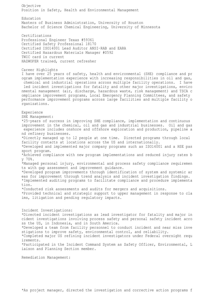 Manager HSE or Director HSE or Remediation Manager or Safety Man | PDF ...