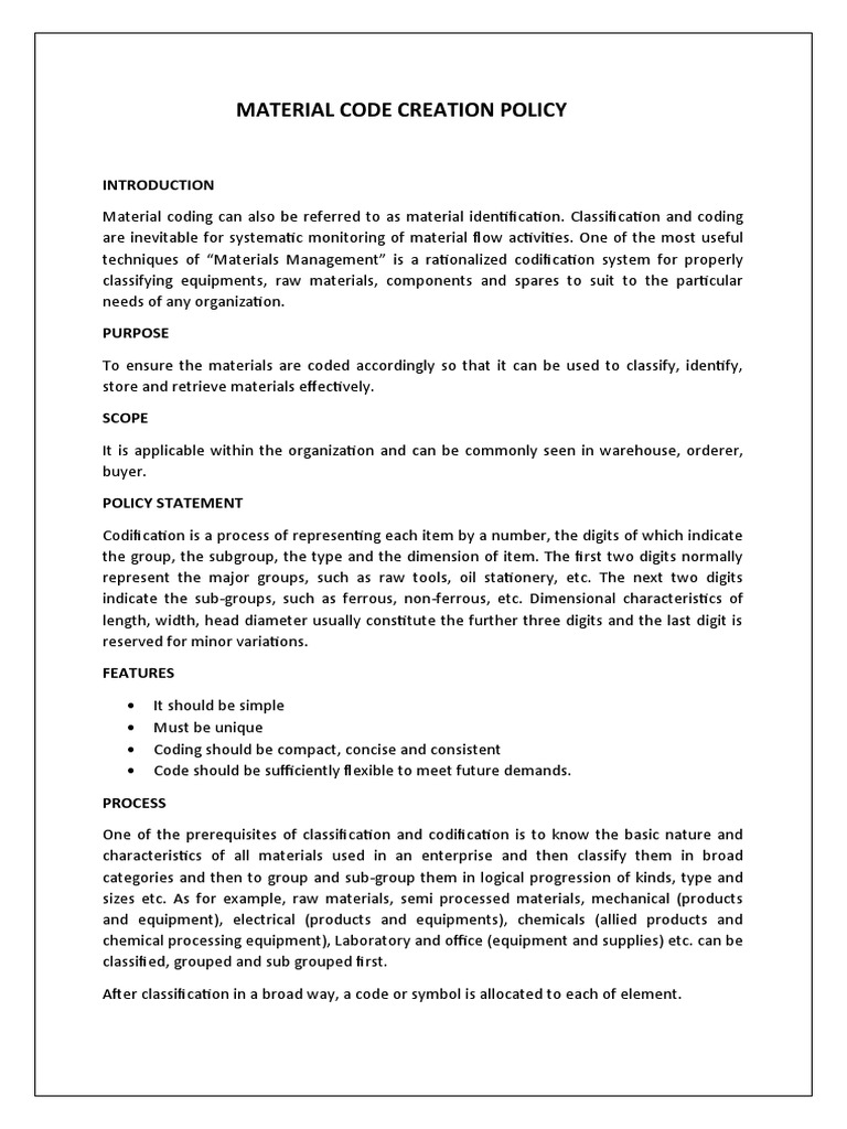 Material Code Creation Policy | PDF | Numbers