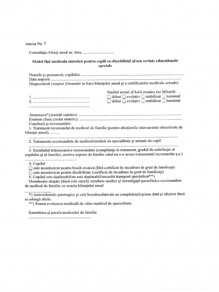 MODEL FISA MEDICALA SINTETICA Anexa 7 | PDF MODEL FISA MEDICALA SINTETICA Anexa 7 | PDF