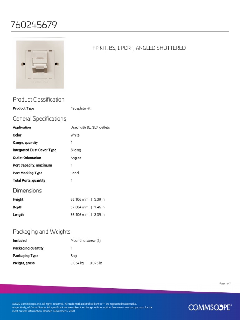 Product Classification: FP Kit, BS, 1 Port, Angled Shuttered | PDF