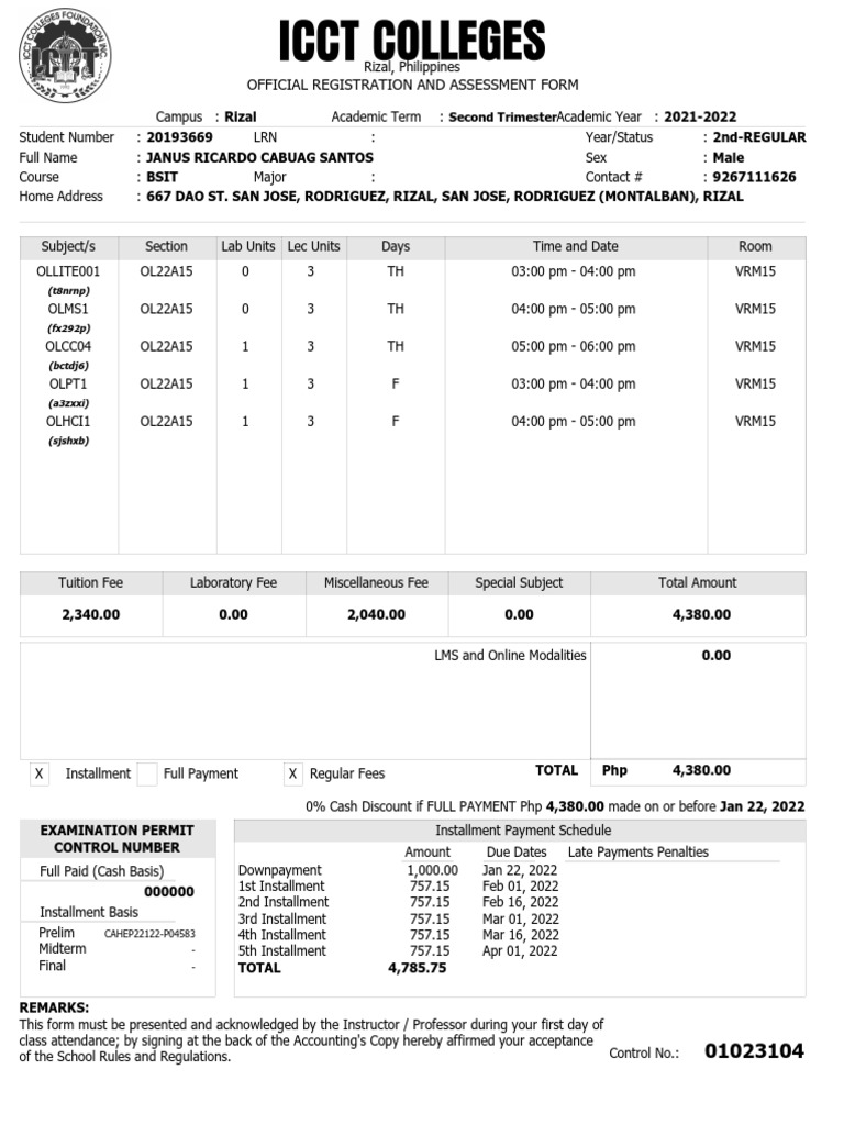 Official Registration and Assessment Form | PDF