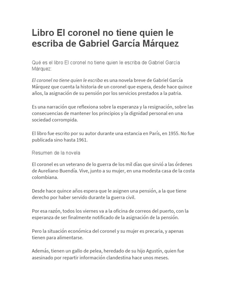 Resumen Libro El coronel no tiene quien le escriba de Gabriel García ...