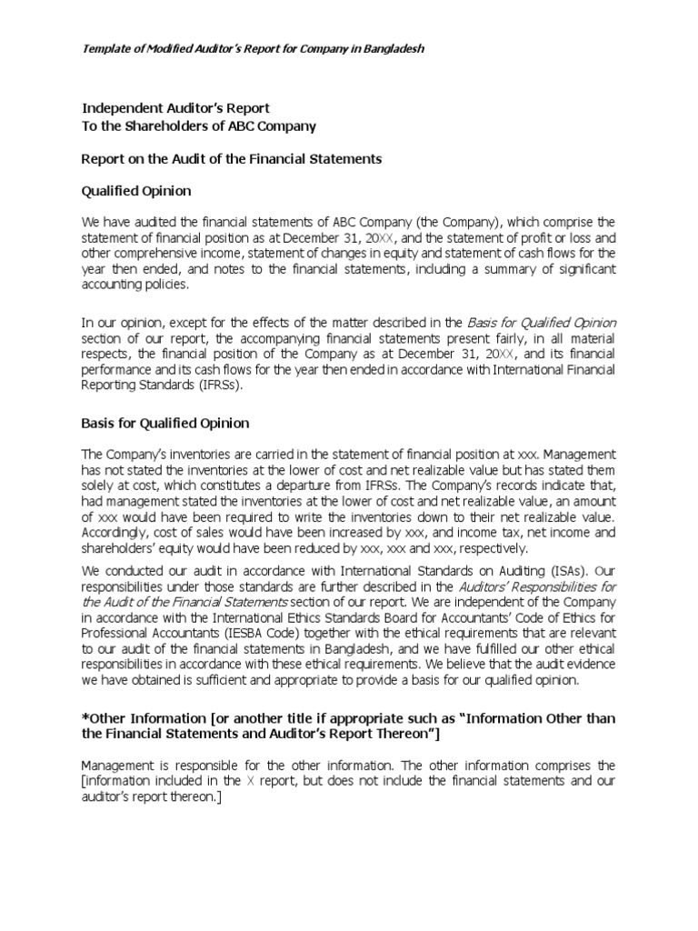 4427template of Modified Auditors Report For Company in Bangladesh ...