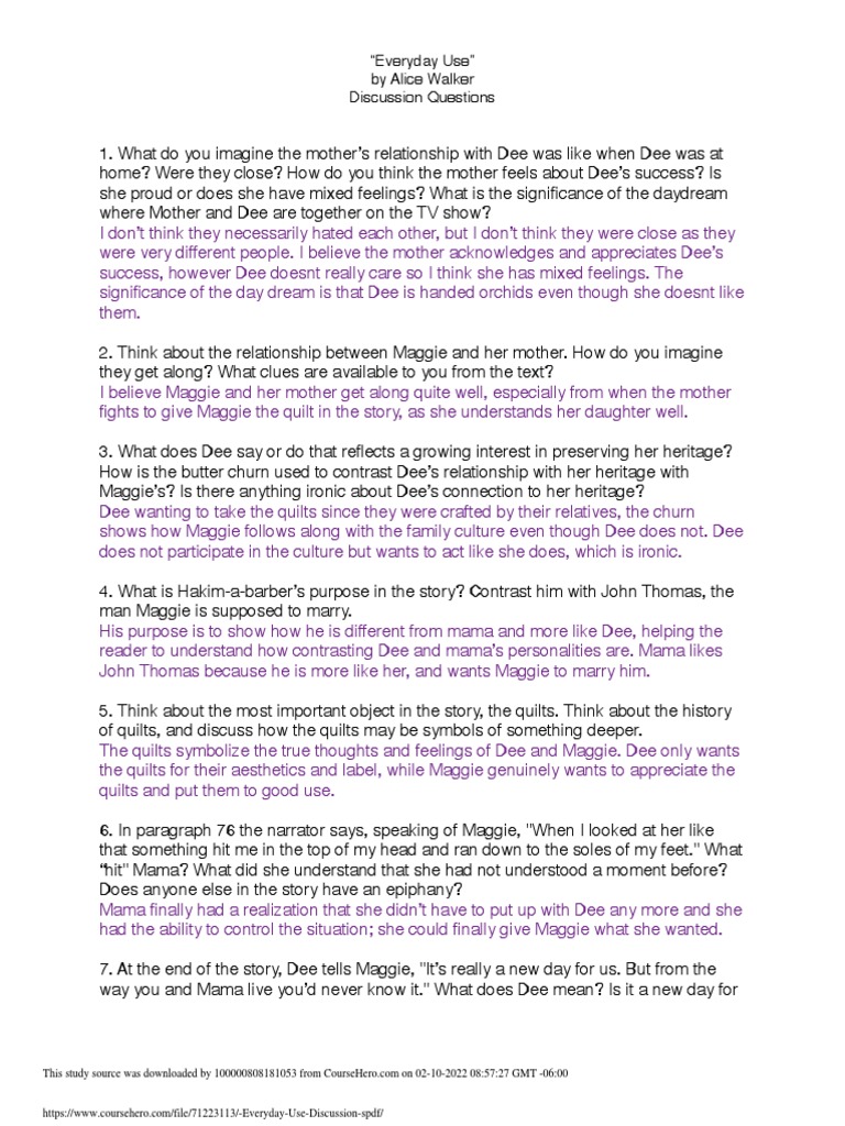 "Everyday Use" by Alice Walker Discussion Questions | PDF | Narration