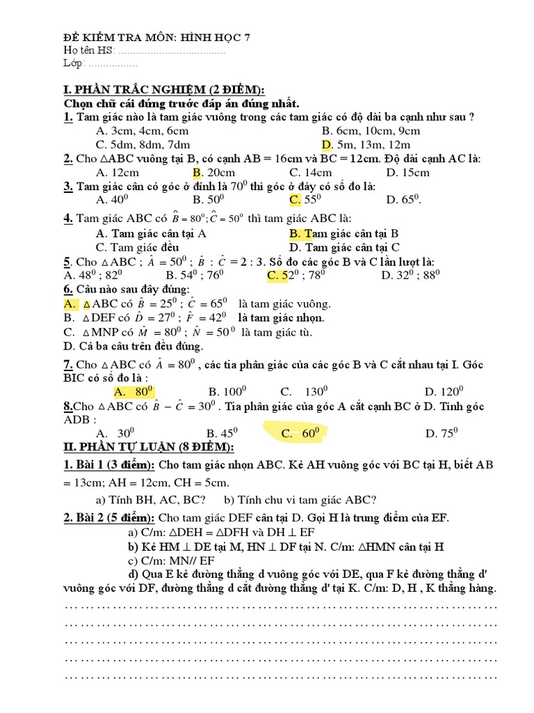 Kiem Tra Hinh Hoc 7 Chuong Ii | PDF