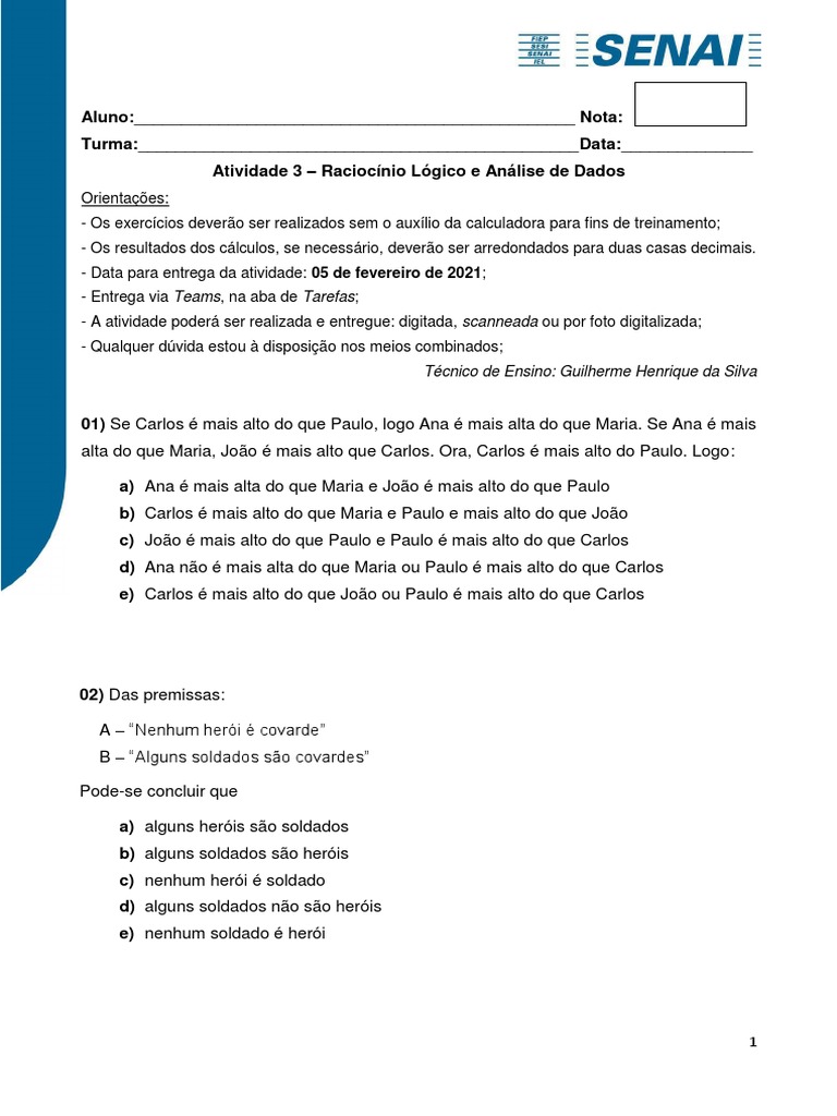 RLAD - Atividade 3 | Download grátis PDF | Quantidade | Metrologia
