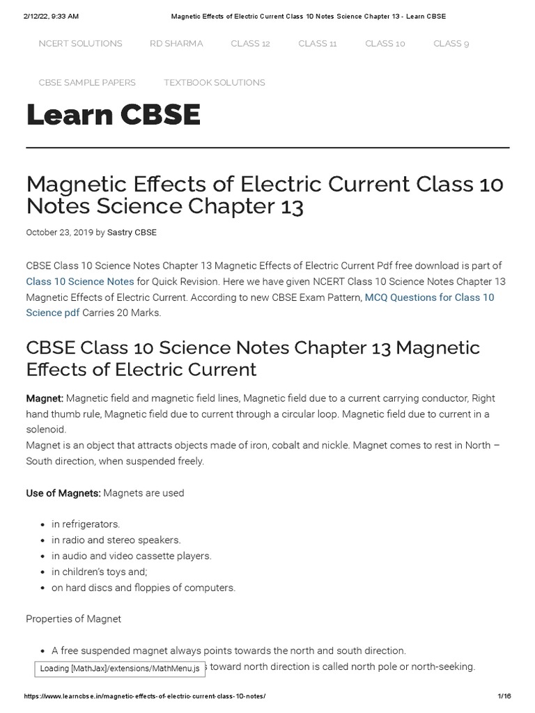 Magnetic Effects of Electric Current Class 10 Notes | PDF | Magnetic ...
