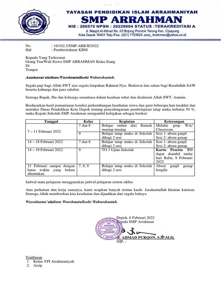 Surat Edaran KBM - Siang | PDF