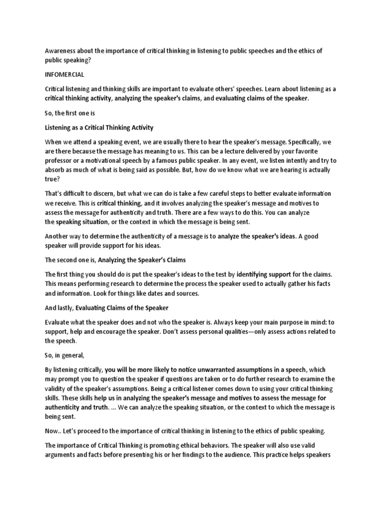 Critical Thinking Activity, Analyzing The Speaker's Claims, and ...