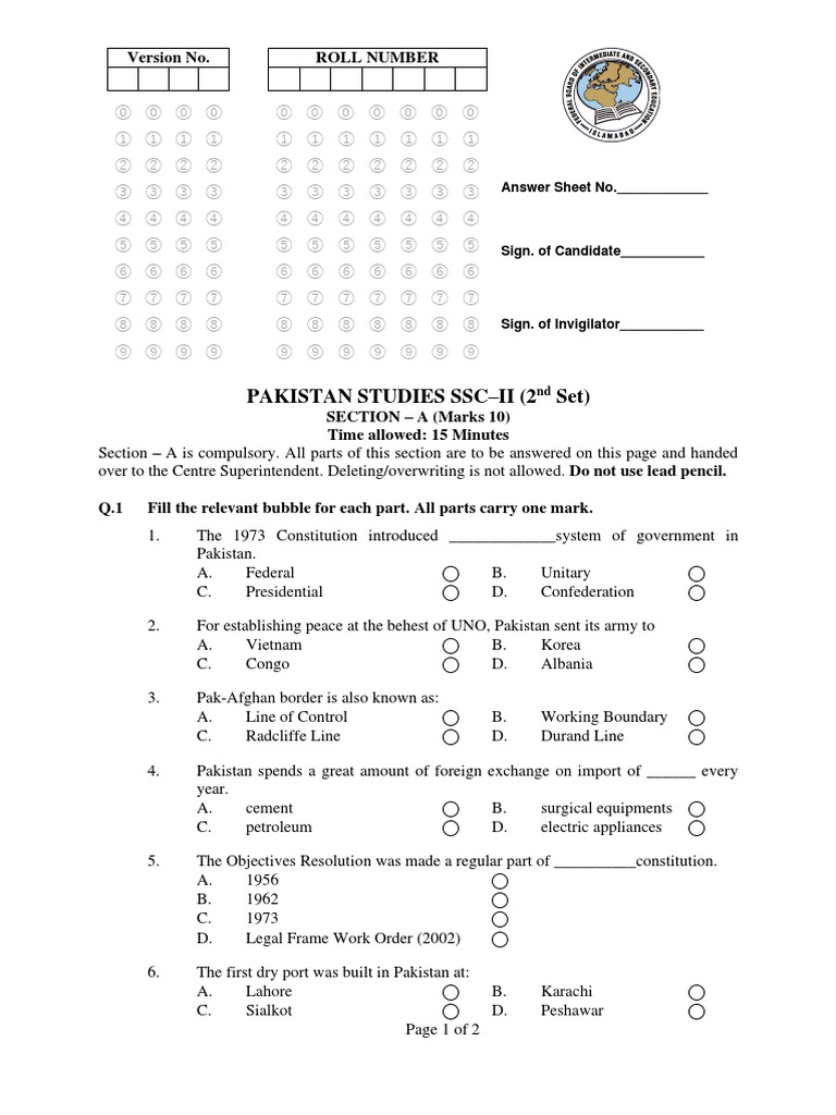 Pakistan Studies SSC-II (2nd Set) | PDF | Pakistan | Muhammad Zia Ul Haq