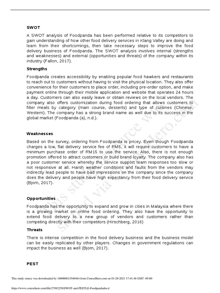SWOT and PESTLE analysis of Foodpanda | PDF | Swot Analysis | Foods