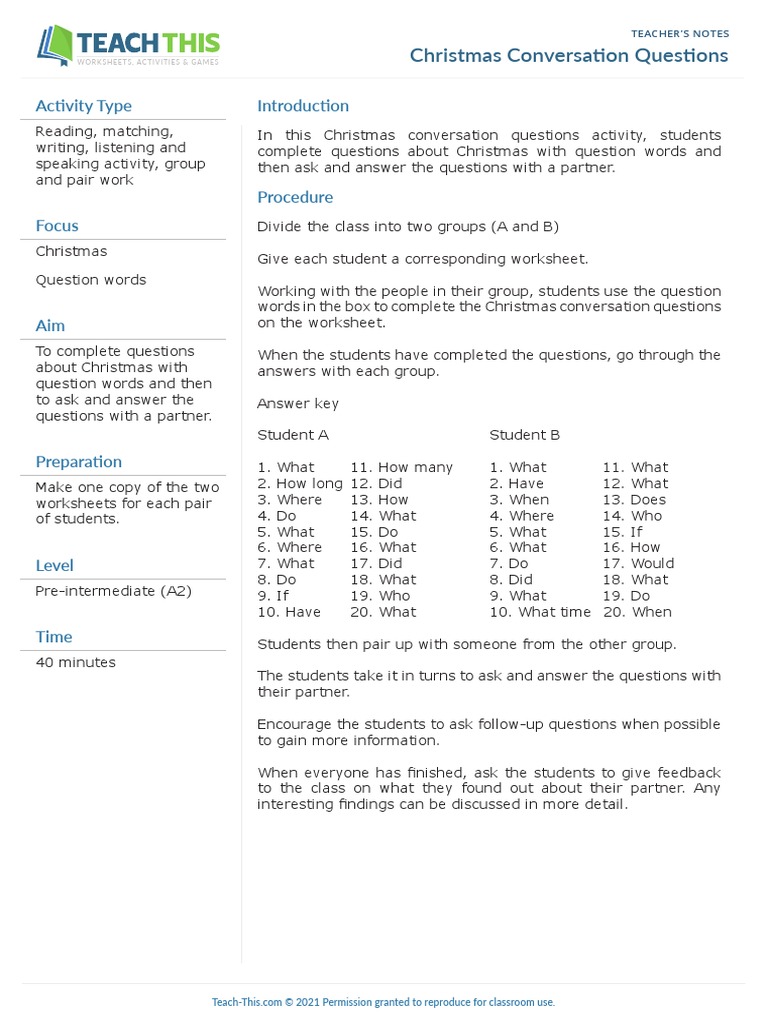 Christmas Conversation Questions: Activity Type | PDF | Christmas ...