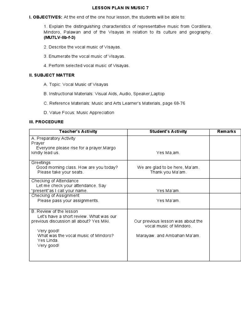 Detailed Lesson Plan in Music 7 | PDF | Lesson Plan | Behavior Modification