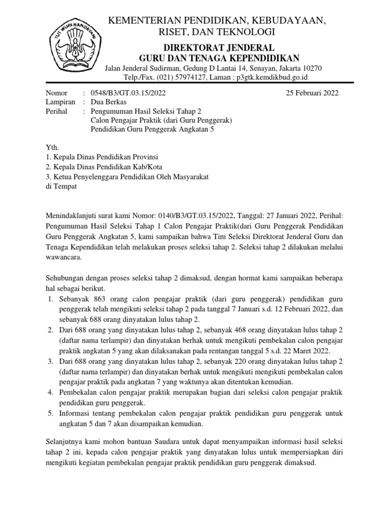 0548 - Pengumuman Tahap 2 Angkatan 5 - CPP5 (Dari GP) Provinsi Nusa ...