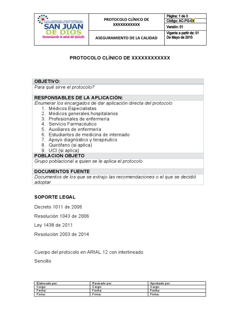formato PROTOCOLO CLÌNICO | PDF | Cuidado de la salud | Ciencias de la Salud