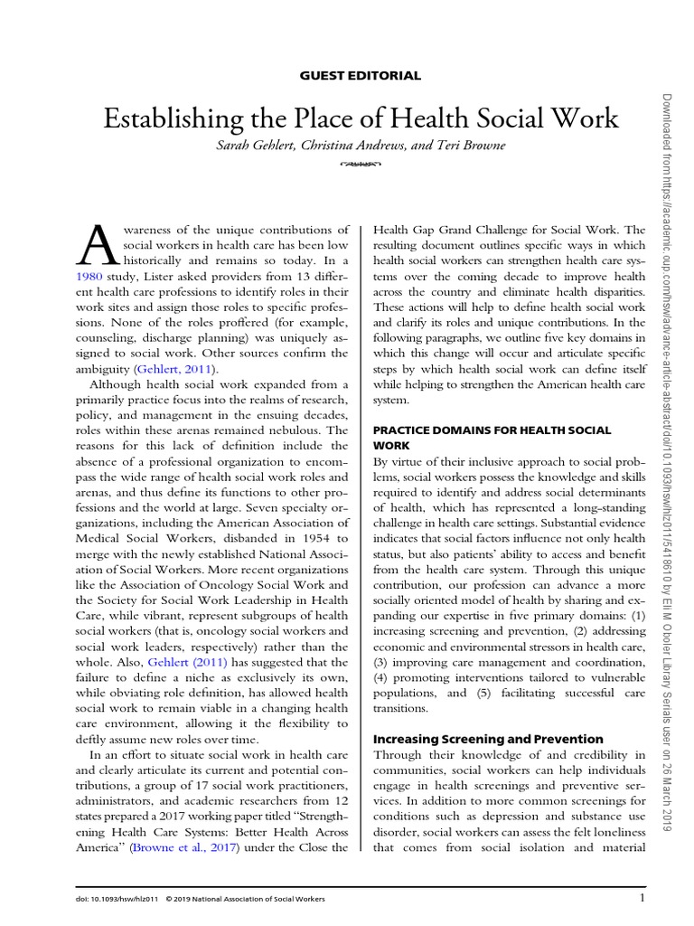 Establishing The Place of Health Social Work: Sarah Gehlert, Christina ...