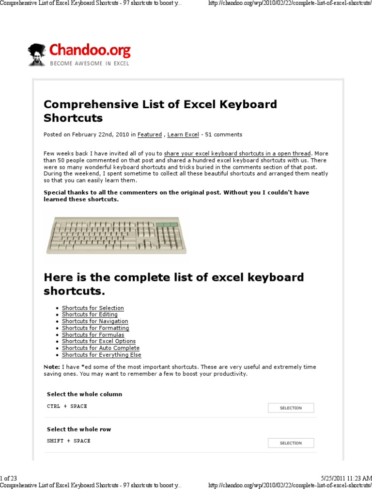 Comprehensive List of Excel Keyboard Shortcuts - 97 Shortcuts To Boost ...