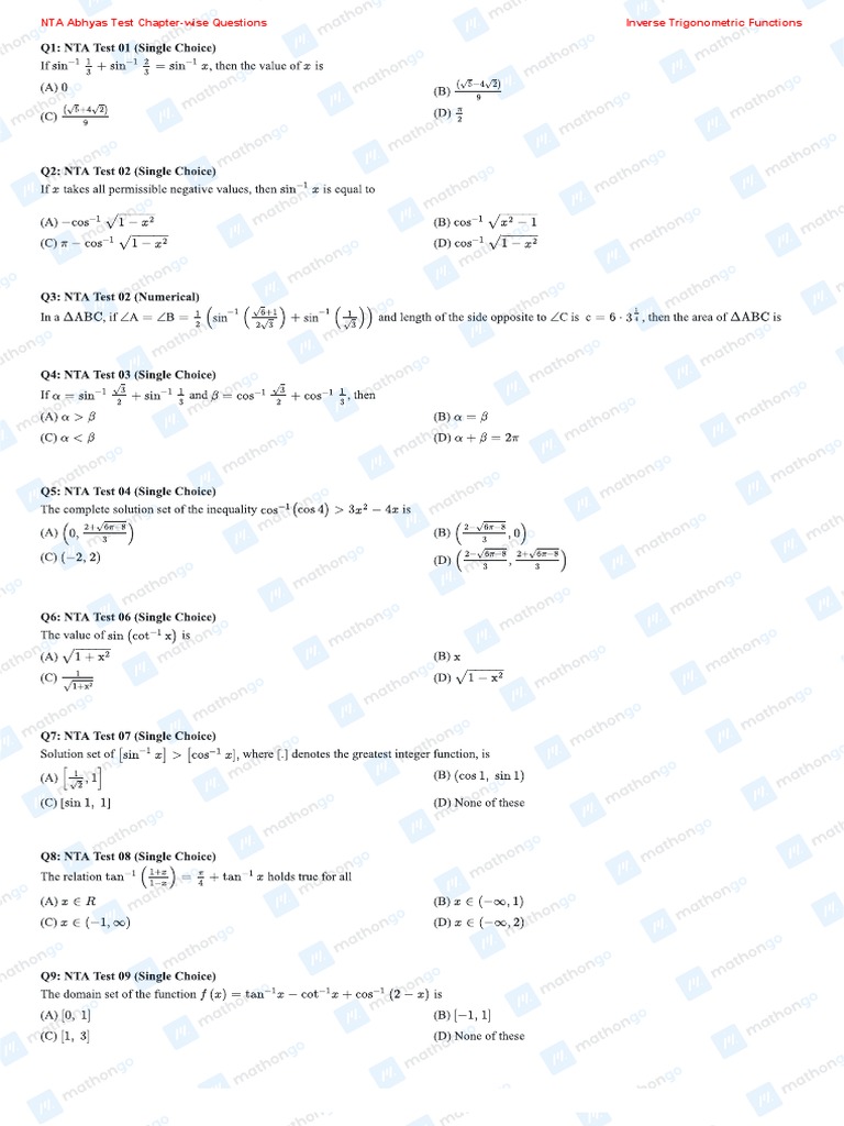 Inverse Trigonometric Functions Test Questions | PDF
