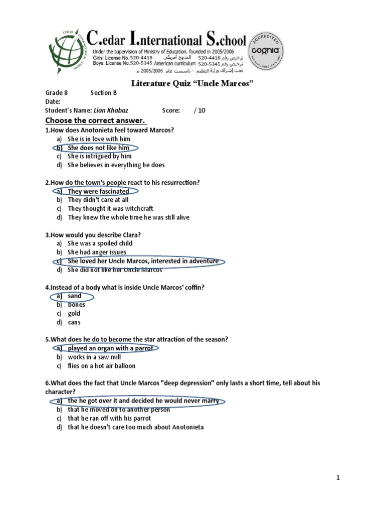 Literature Quiz "Uncle Marcos" | PDF
