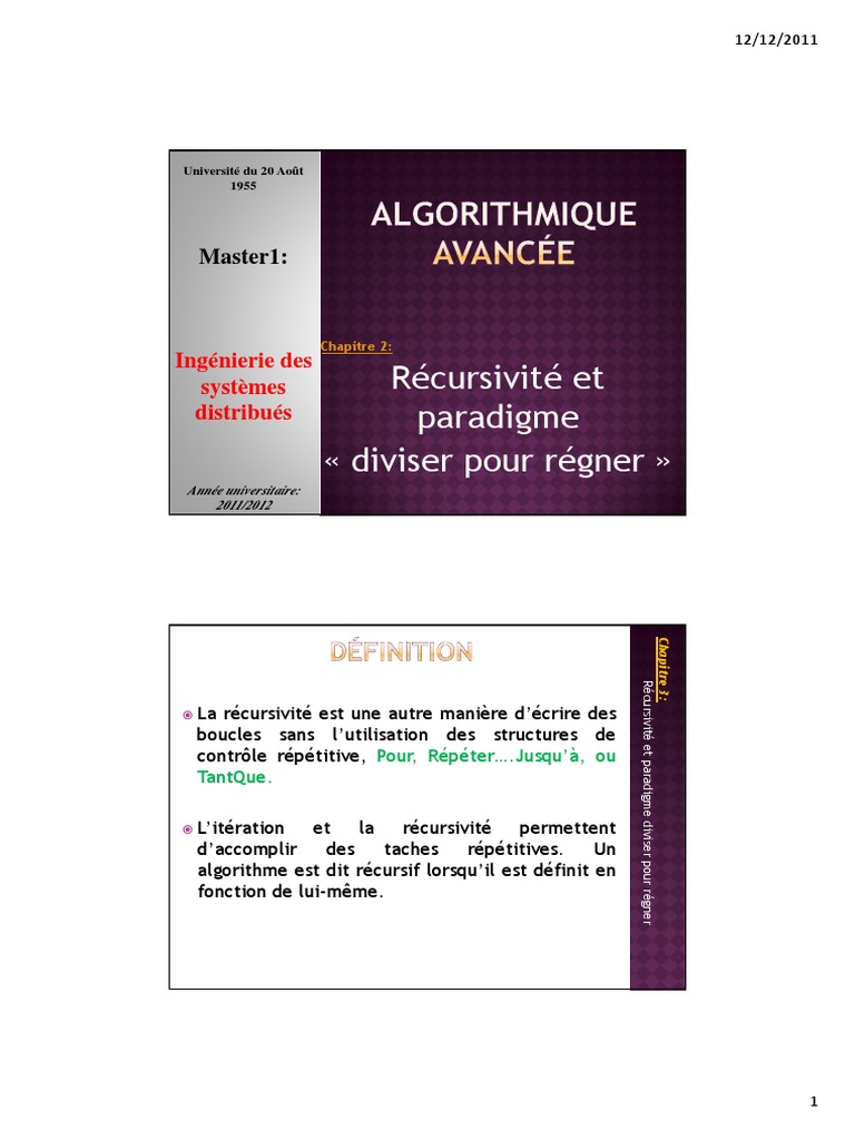 Récursivité Et Paradigme Diviser Pour Régner : Master1 | PDF | Matrice (Mathématiques ...