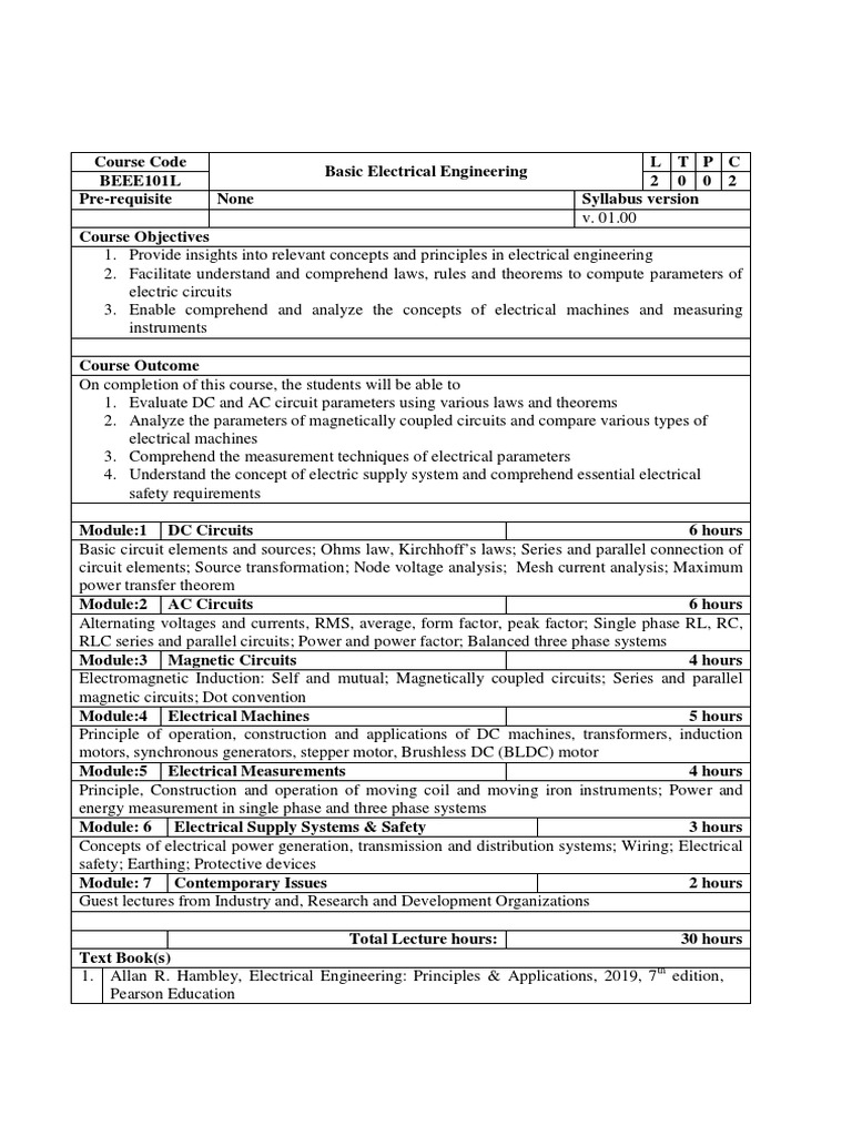 BEEE101 Basic Electrical Engineering | PDF | Electrical Network | Electric Motor