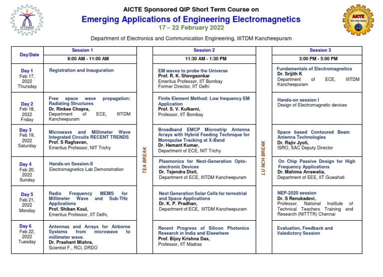 AICTE QIP STC Schedule-EMwaves | PDF | Electronic Engineering | Microwave