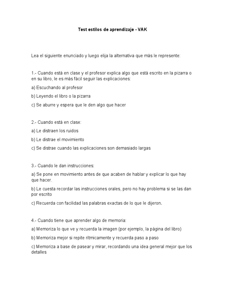 Test Estilos de Aprendizaje VAK - DUA | PDF