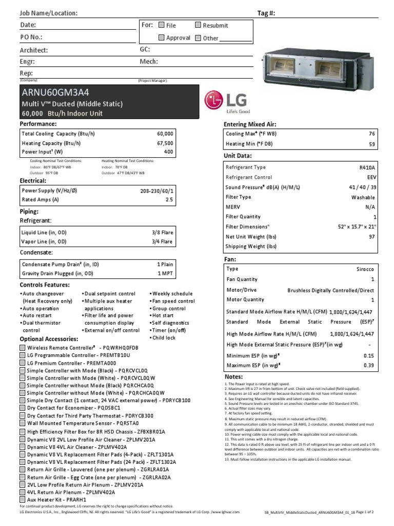 ARNU60GM3A4: Btu/h Indoor Unit | PDF | Air Conditioning | Physical ...