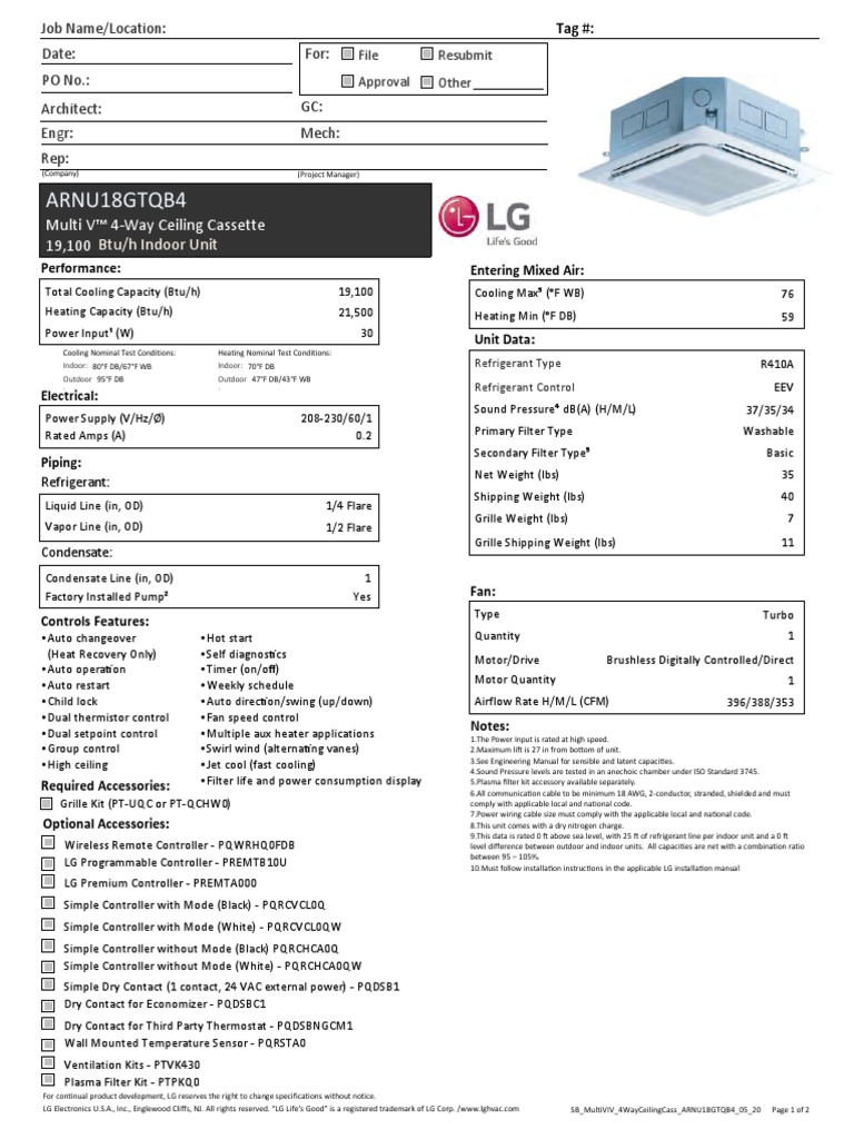 Arnu18Gtq B4: Btu/h Indoor Unit | PDF | Air Conditioning | Electricity