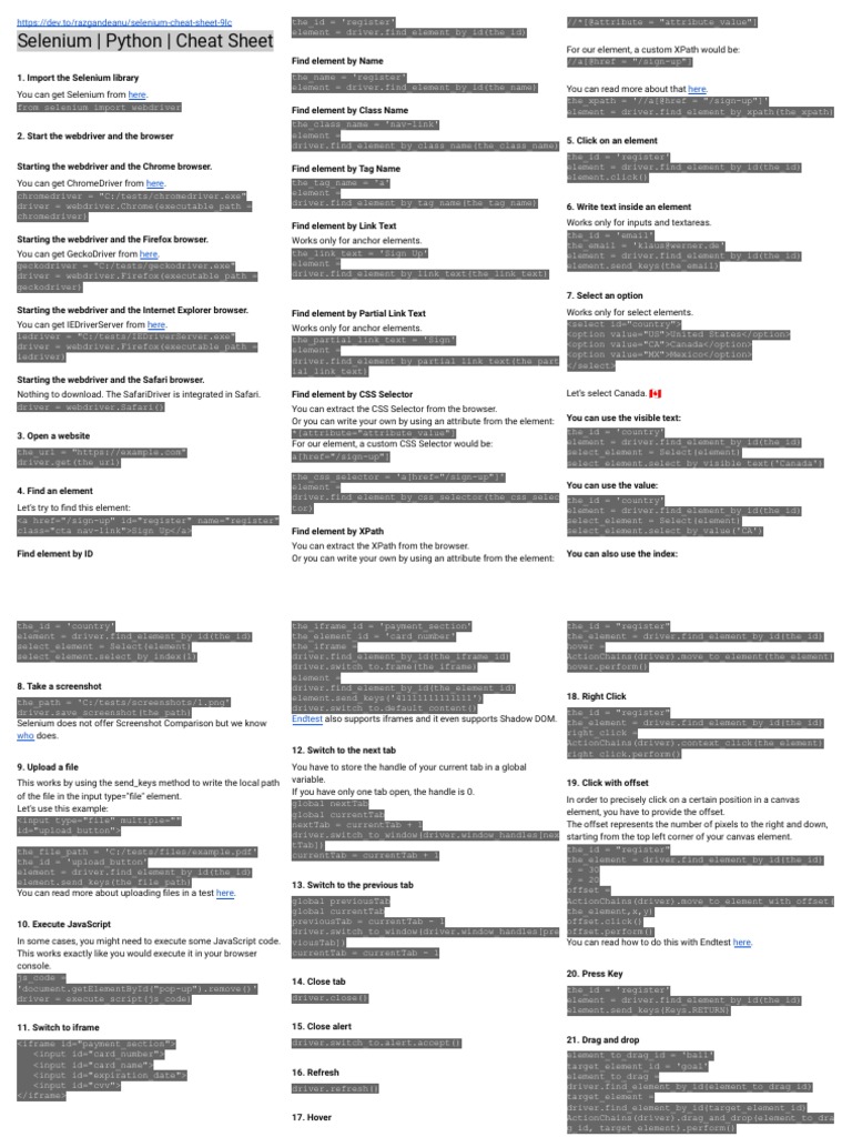 Selenium - Python - Cheat Sheet | PDF | Selenium (Software) | Web Software Selenium - Python - Cheat Sheet | PDF | Selenium (Software) | Web Software
