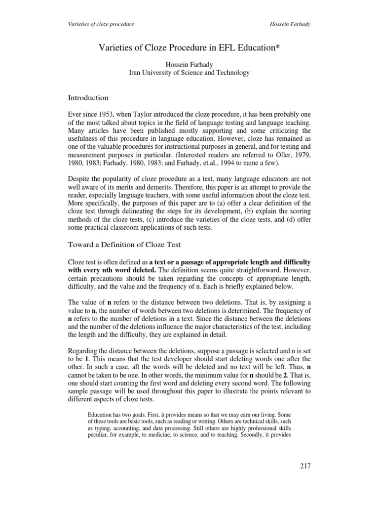 3 Varieties of Cloze Procedure | PDF | Multiple Choice | Reading ...