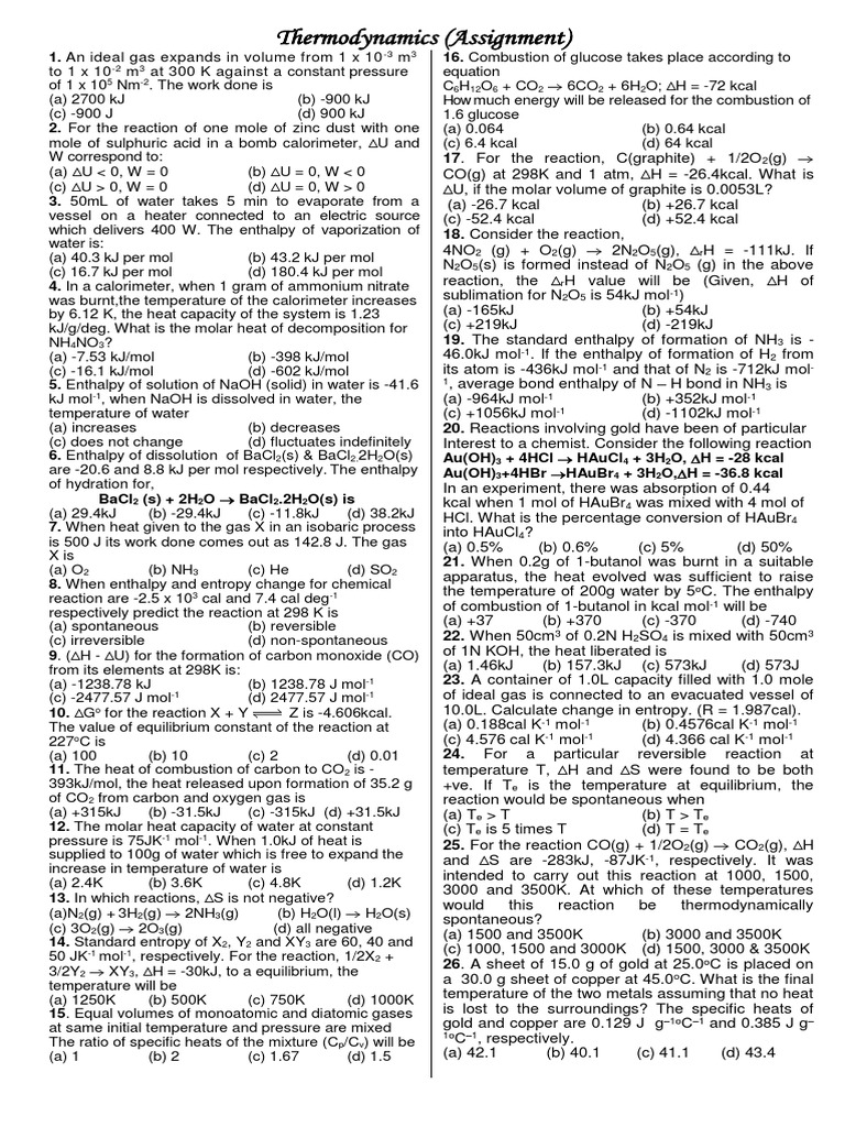 Thermodynamics (Assignment) | PDF | Temperature | Heat