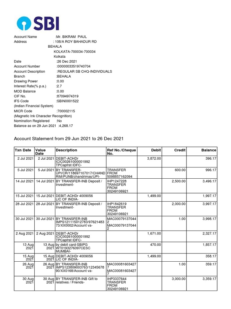 Account Statement From 29 Jun 2021 To 26 Dec 2021 | PDF | Personal ...