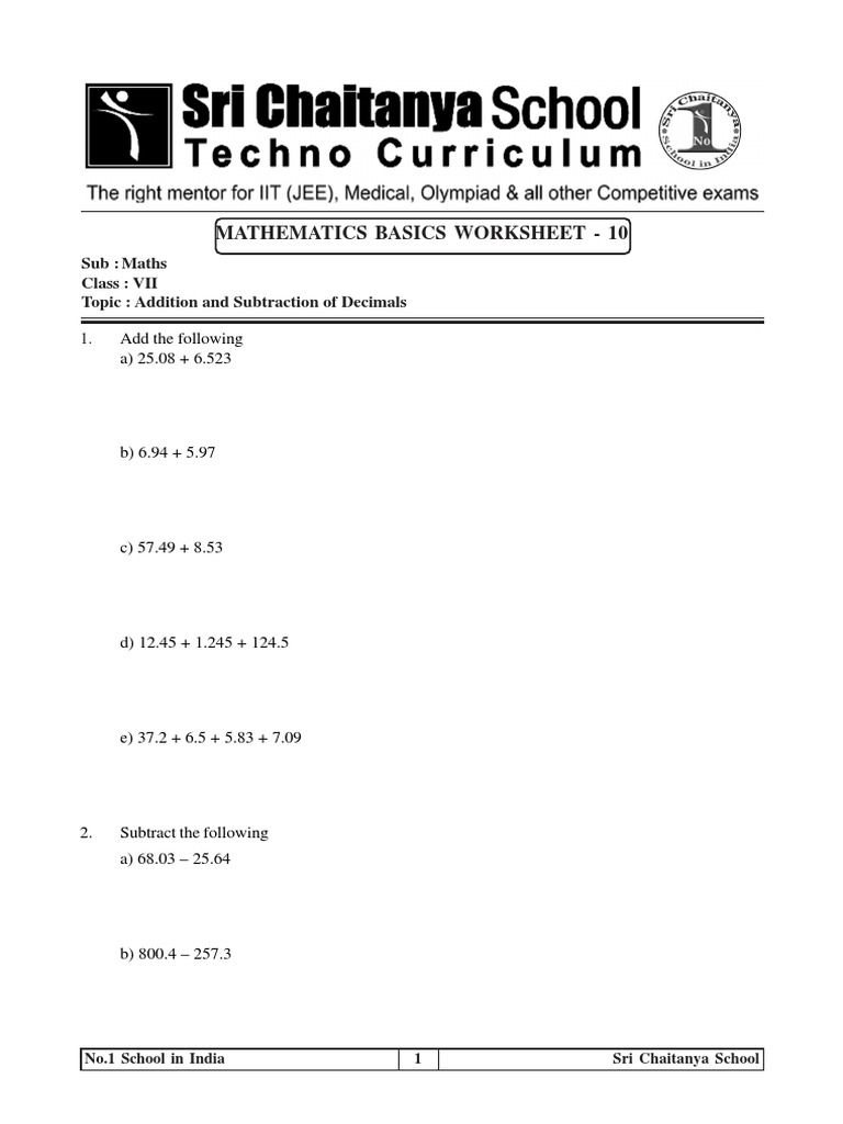 Vii Maths Basic Work Sheet - 10 | PDF