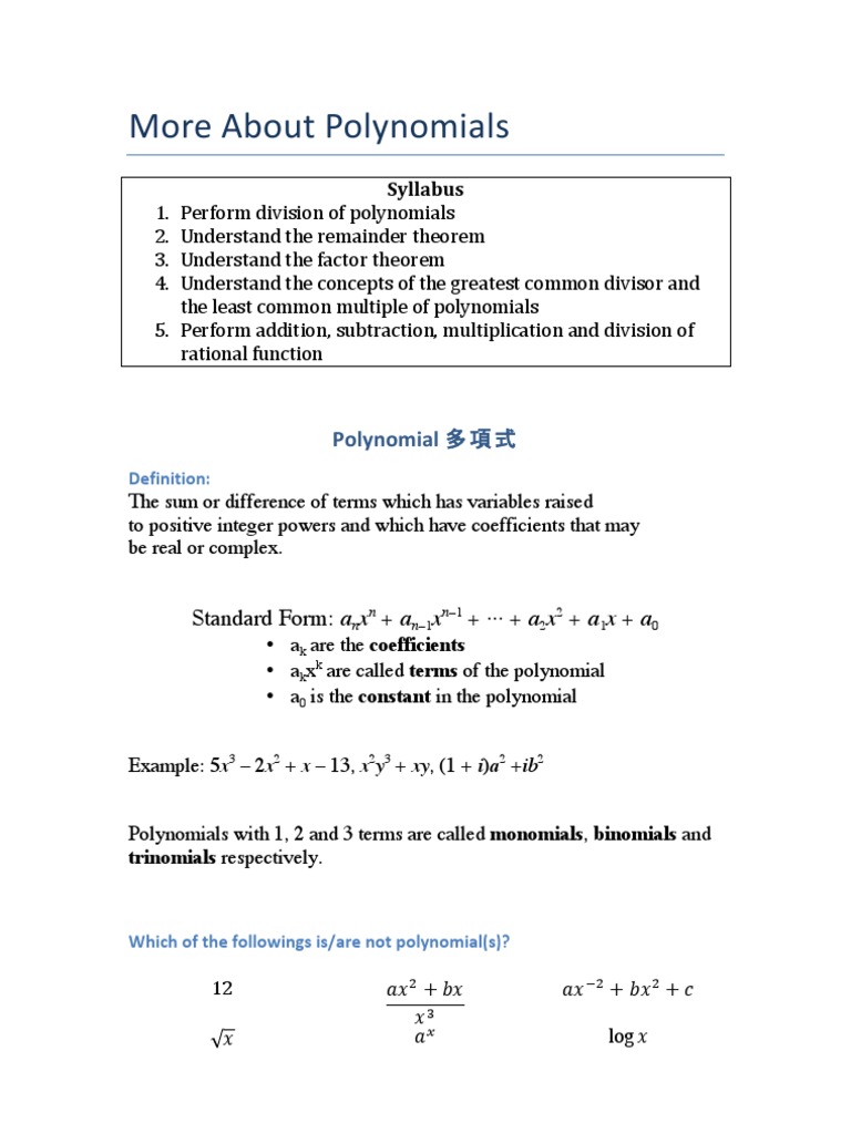 Unit 4 More About Polynomials | PDF | Polynomial | Division (Mathematics)