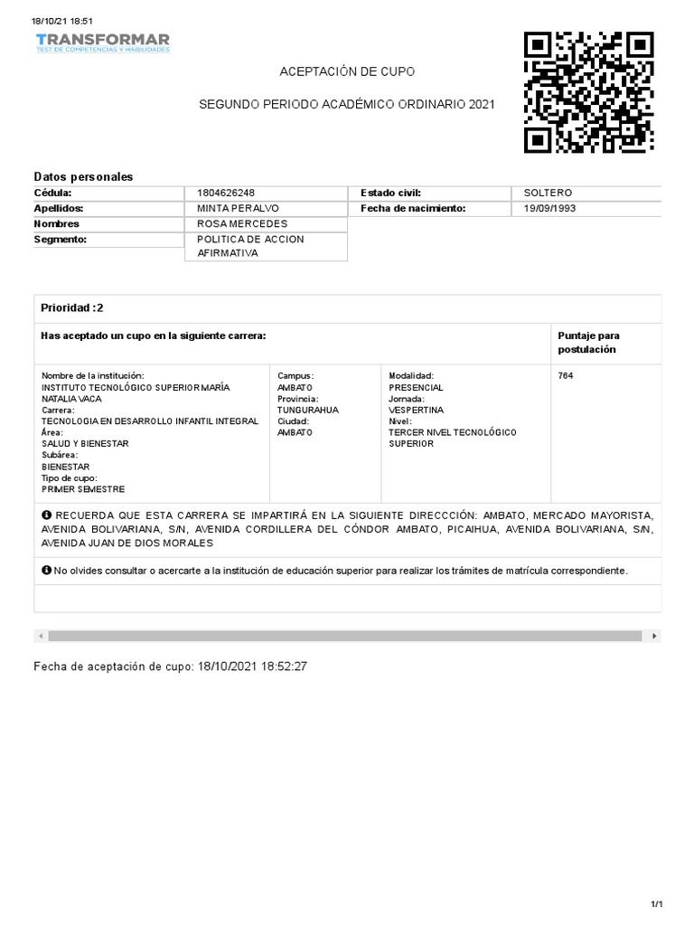 Aceptacion Del Cupo | PDF