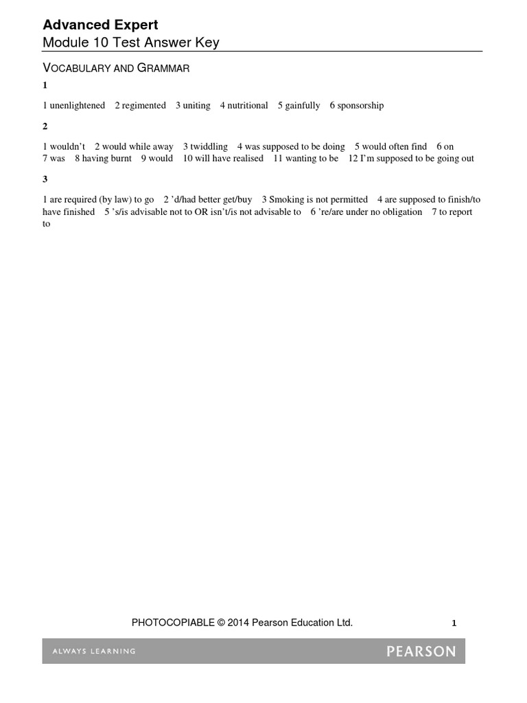 Module 10 Test Answer Key: Advanced Expert | PDF | Lifestyle