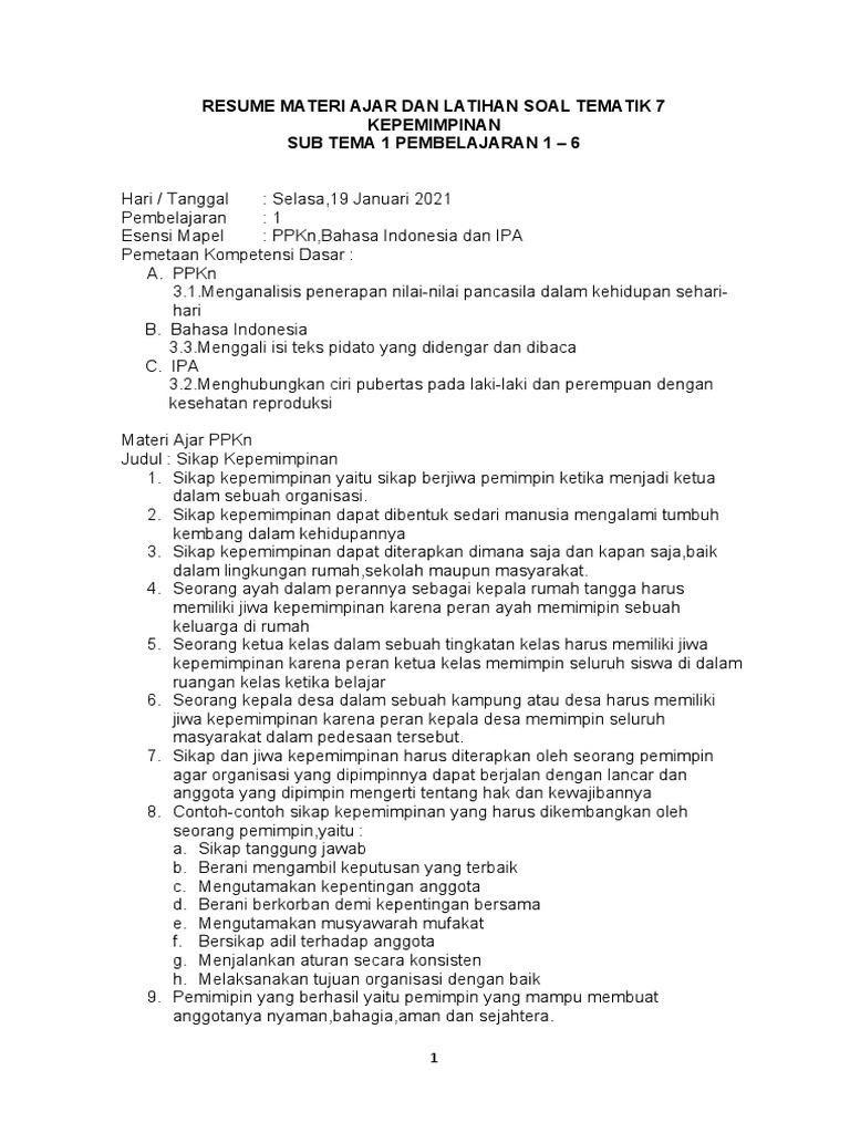Resume 15 Materi Ajar Dan Latihan Soal Tematik 7 | PDF