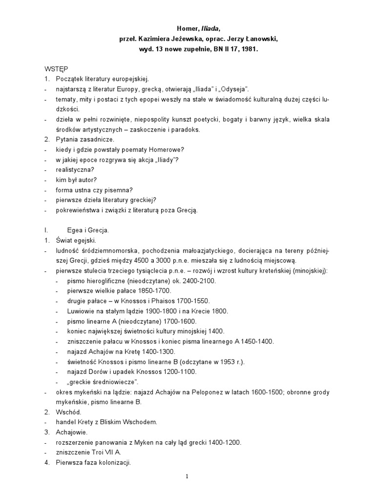 Homer - Iliada - Opracowanie | PDF