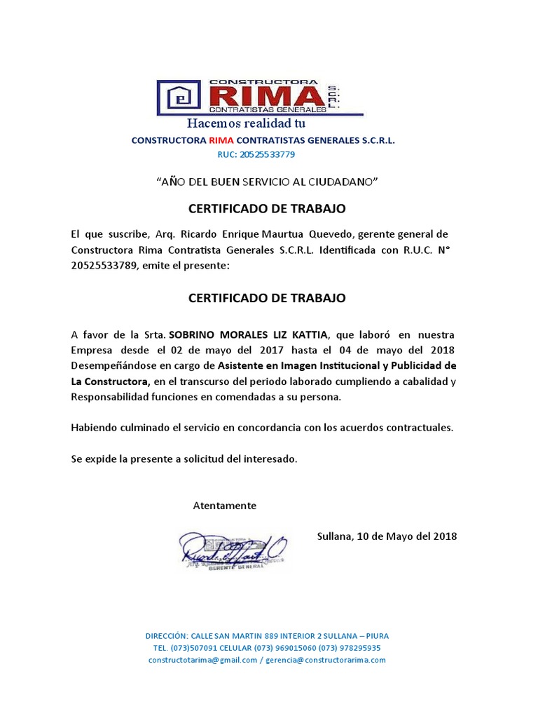 Certificado de Trabajo Constructora Rima | PDF