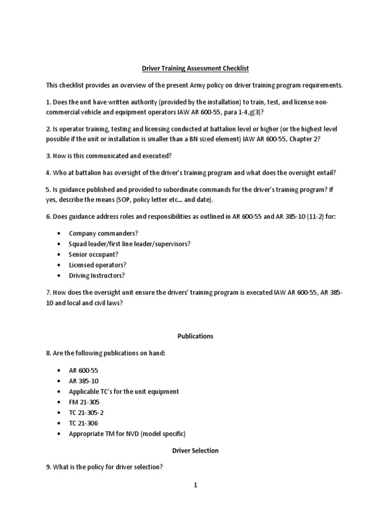 Drivers Training Checklist | PDF | Test (Assessment)