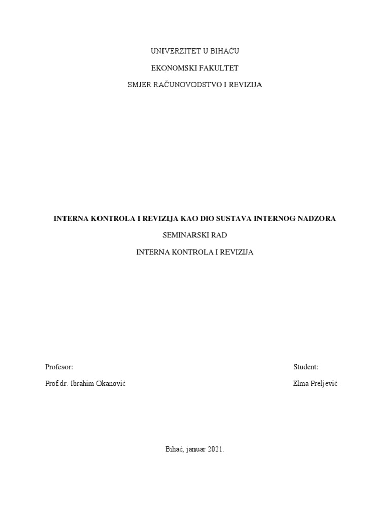 Interna Kontrola I Revizija Kao Dio Sustava Internog Nadzora | PDF