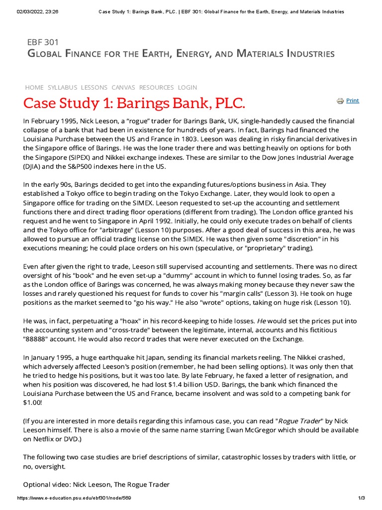 Case Study 1 - Barings Bank, PLC. - EBF 301 - Global Finance For The ...