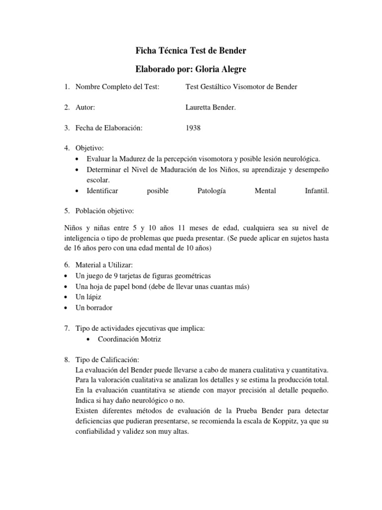 Ficha Tecnica Test de Bender | PDF | Evaluación | Evaluación ...