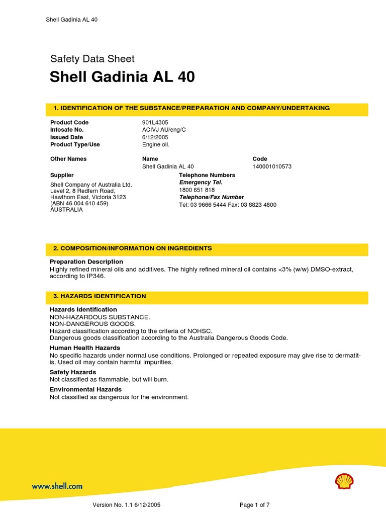 Shell Gadinia AL 40: Safety Data Sheet | PDF | Toxicity | Dangerous Goods