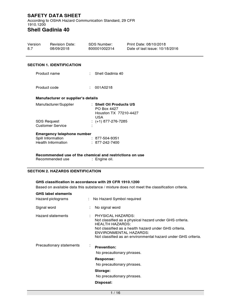 Shell Gadinia 40: Safety Data Sheet | PDF | Labor Relations | Chemistry