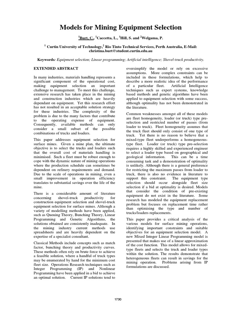 Models For Mining Equipment Selection | PDF | Mathematical Optimization ...