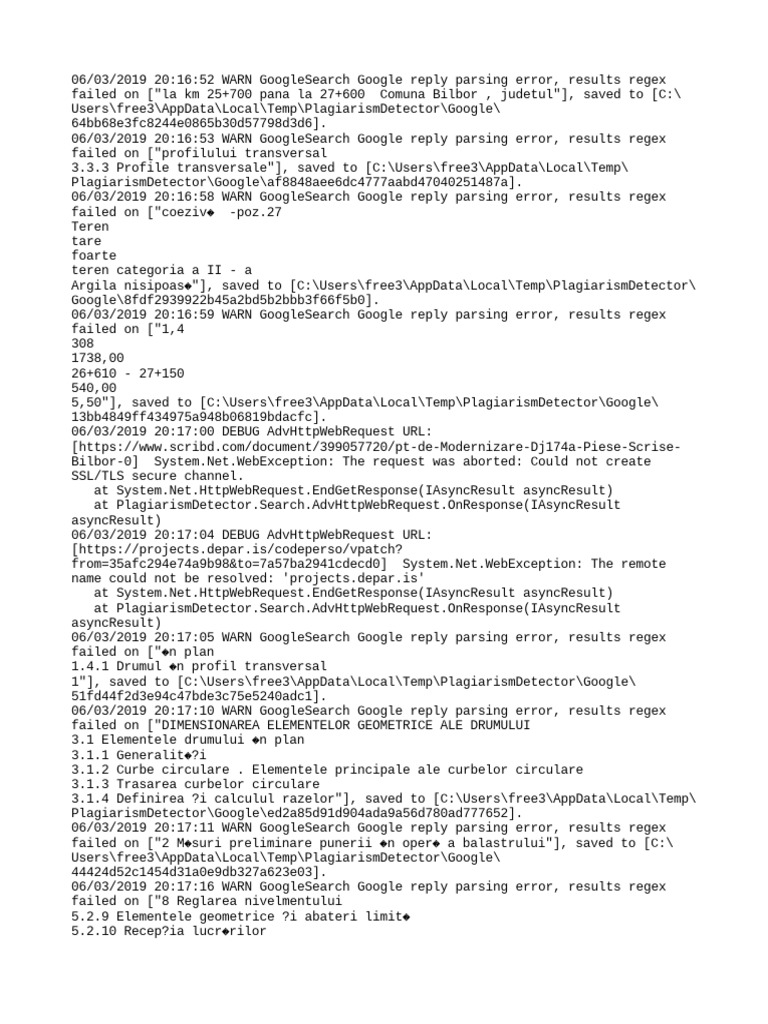 Log entries documenting errors encountered by a plagiarism detection system during online ...