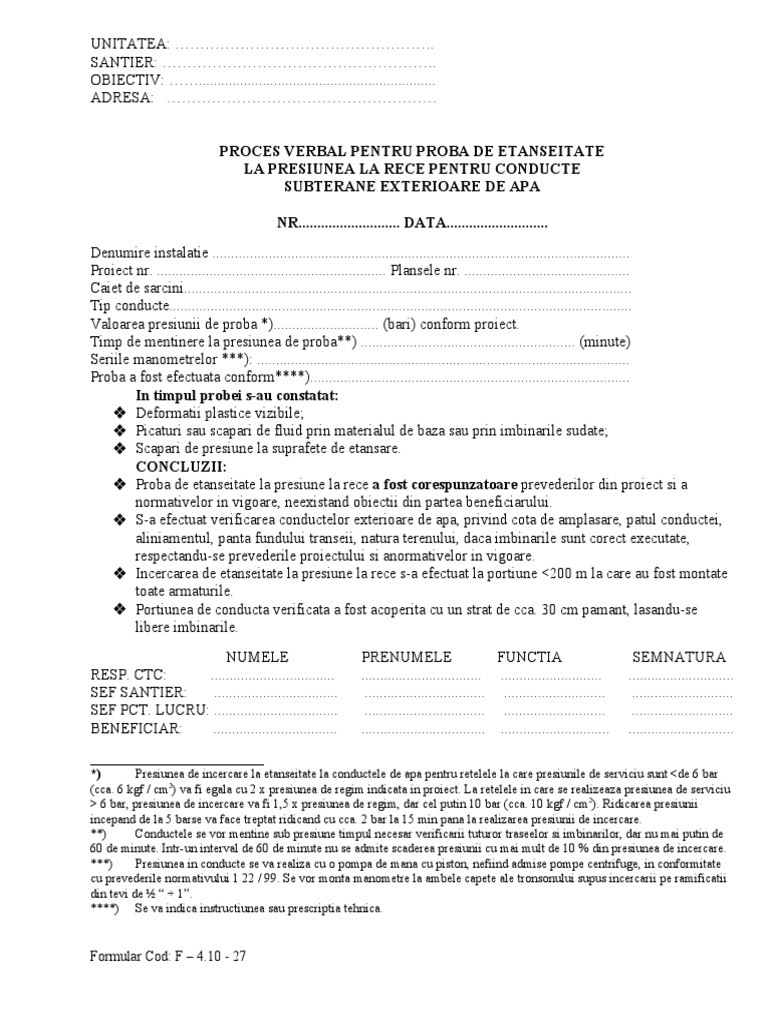 22-P. Verbal Pentru Proba de Etanseitate La Presiunea La Rece Pentru ...